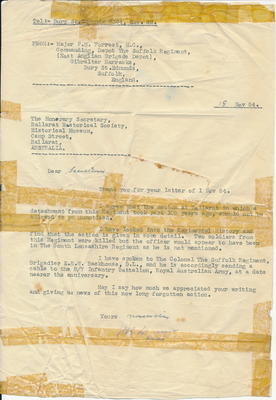 Letter from Major P.B. Forrest MC to Ballarat Historical Society ...