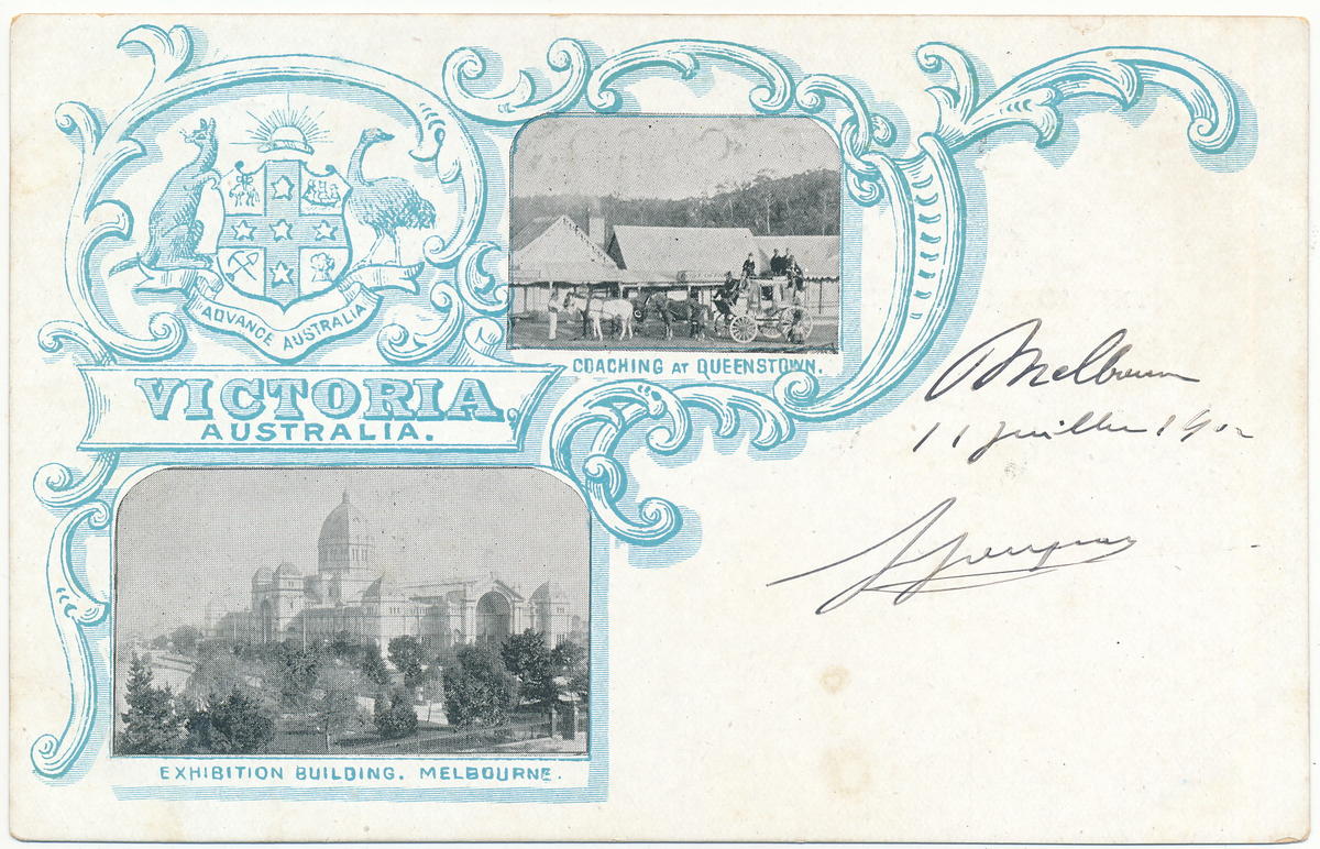 Postcard: Victoria - Coaching at Queenstown - Exhibition building ...
