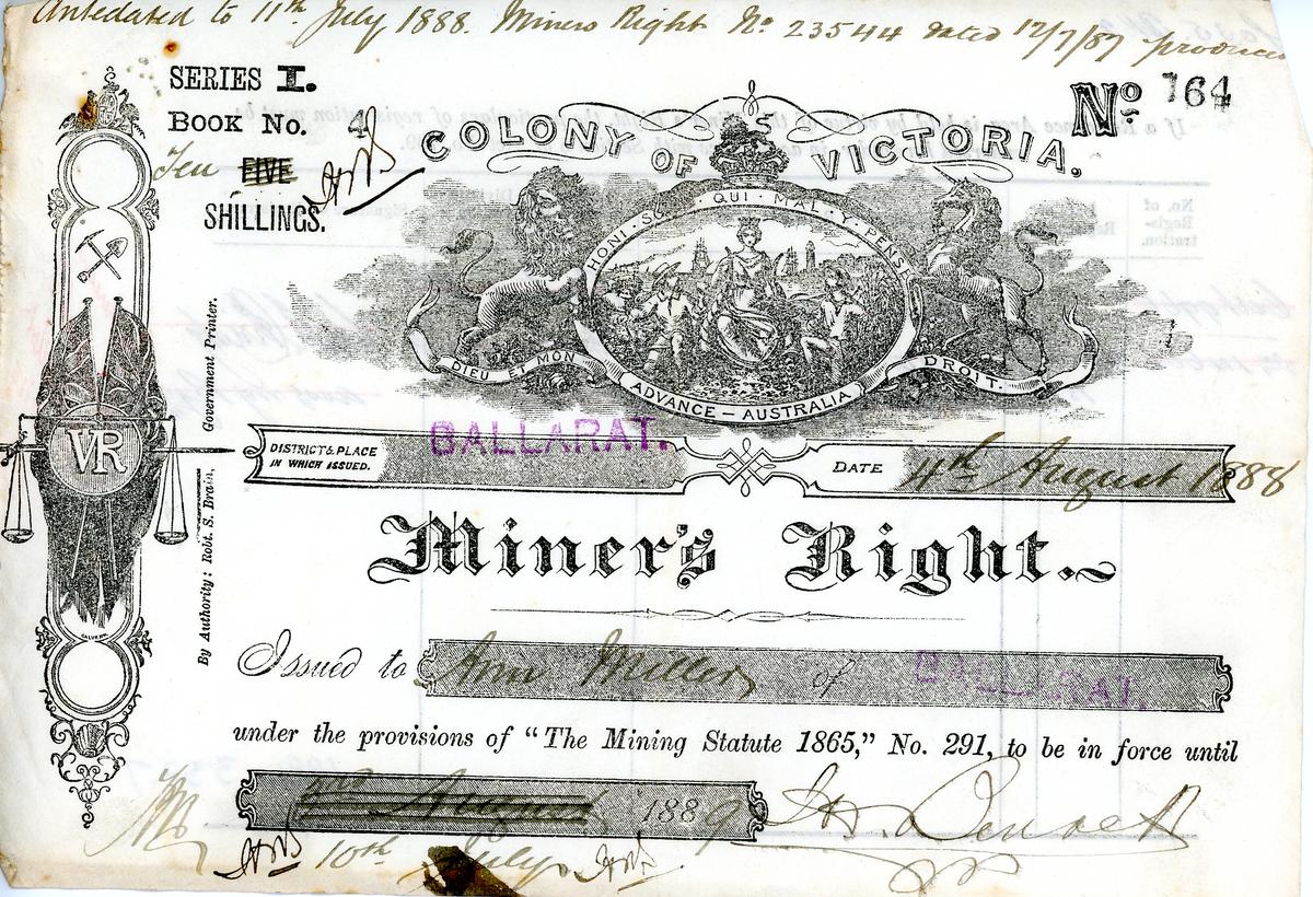 Miner's Right issued to Ann Miller - Centre for Gold Rush Collections