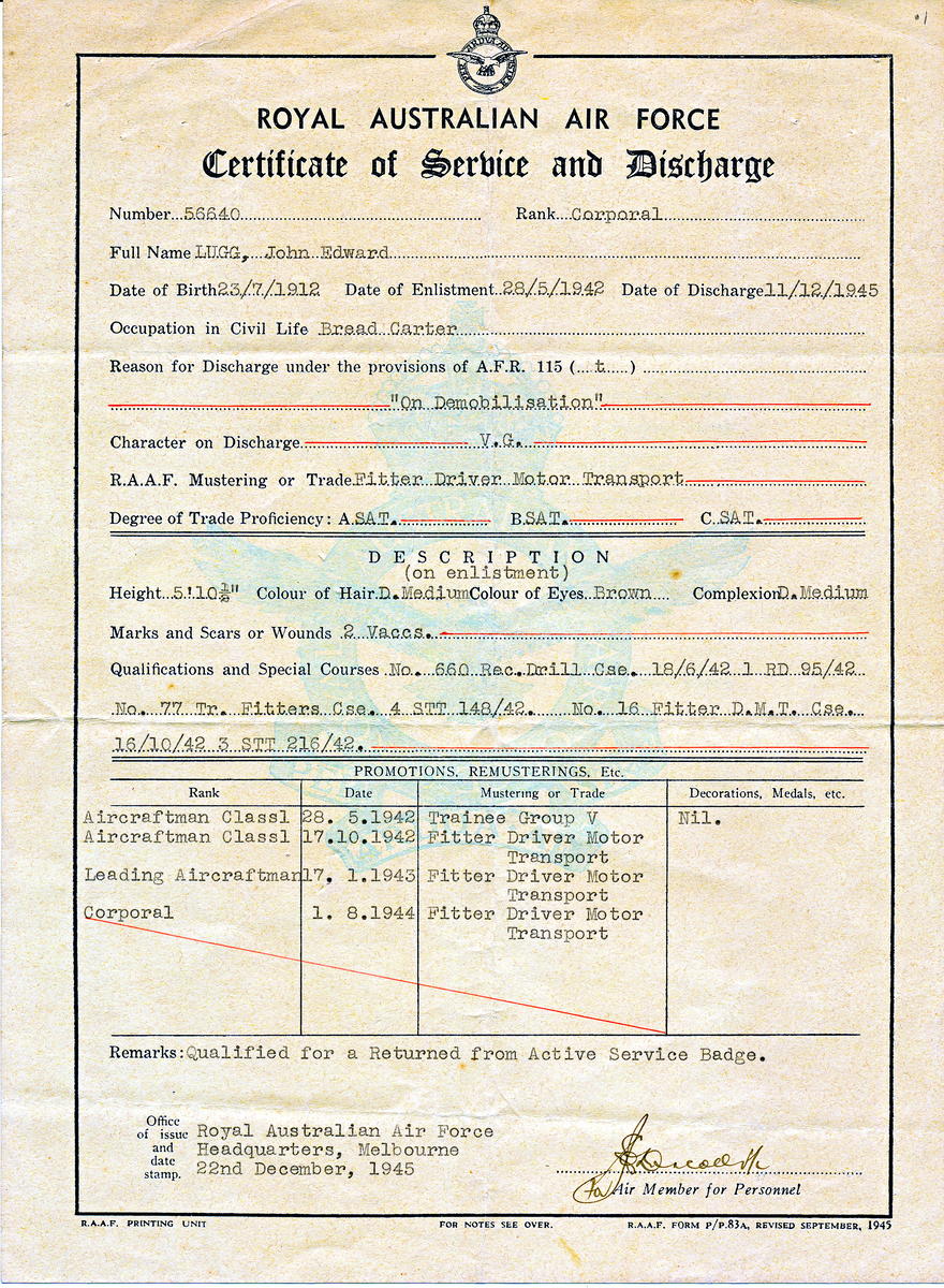 Royal Australian Air Force Certificate of Service and Discharge, J.E ...