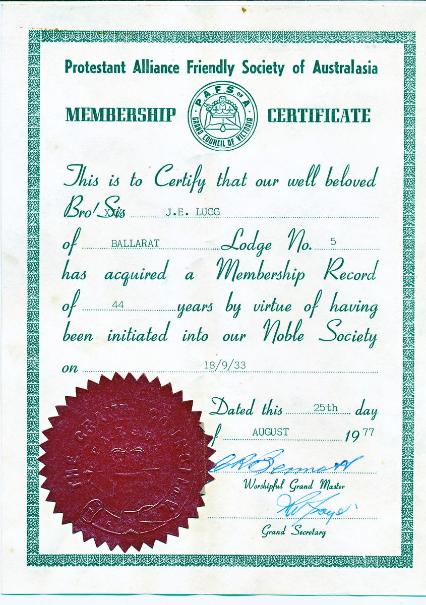Membership Certificate for Friendly Society - Centre for Gold Rush ...