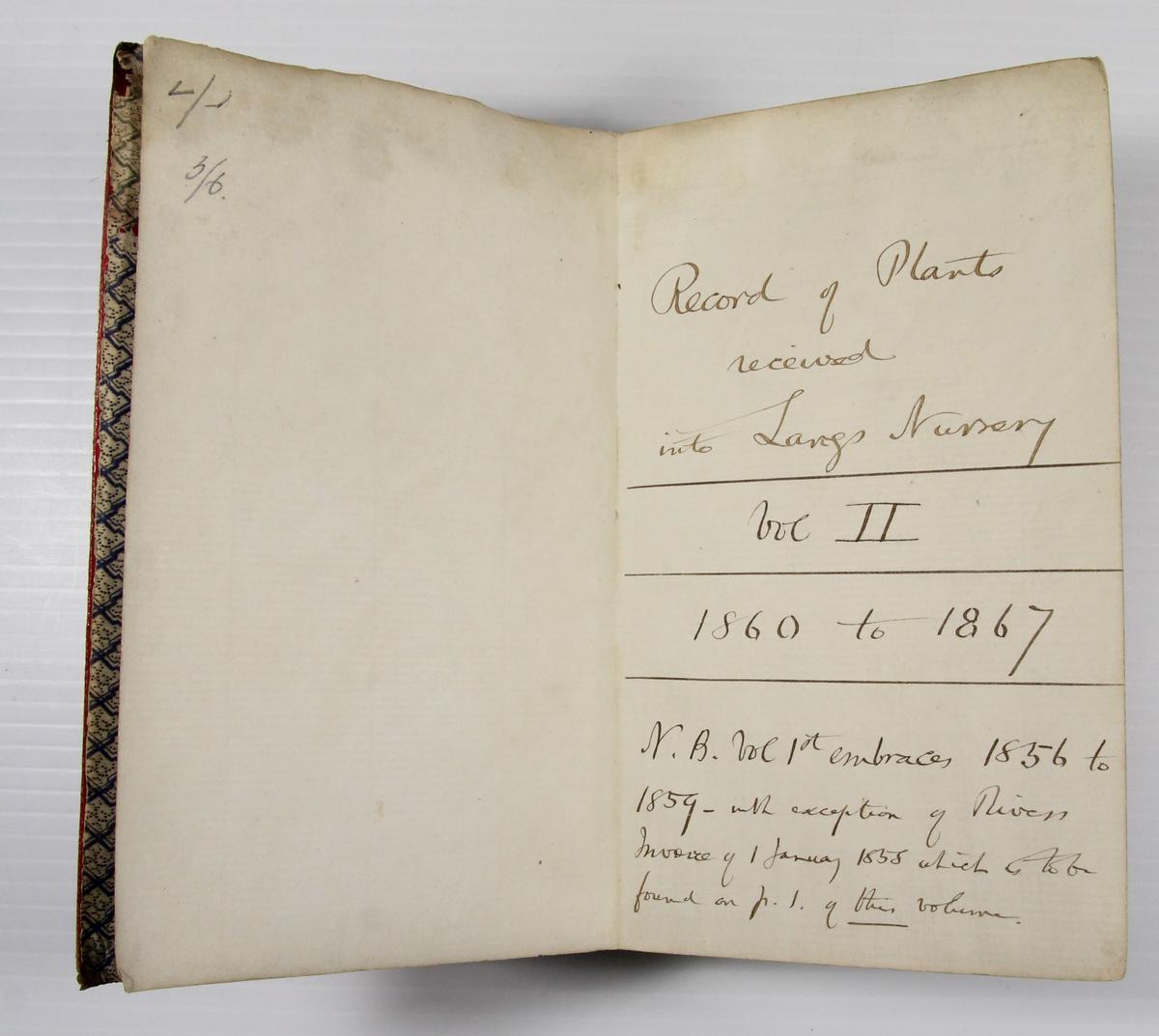 Notebook, 'Record of Plants Arriving at Lang's Nursery, Ballarat ...