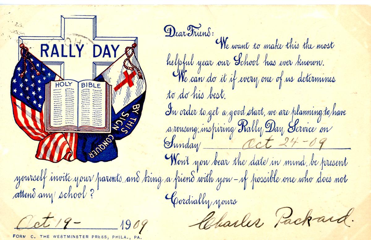 Postcard: Rally Day - Holy Bible - Centre for Gold Rush Collections